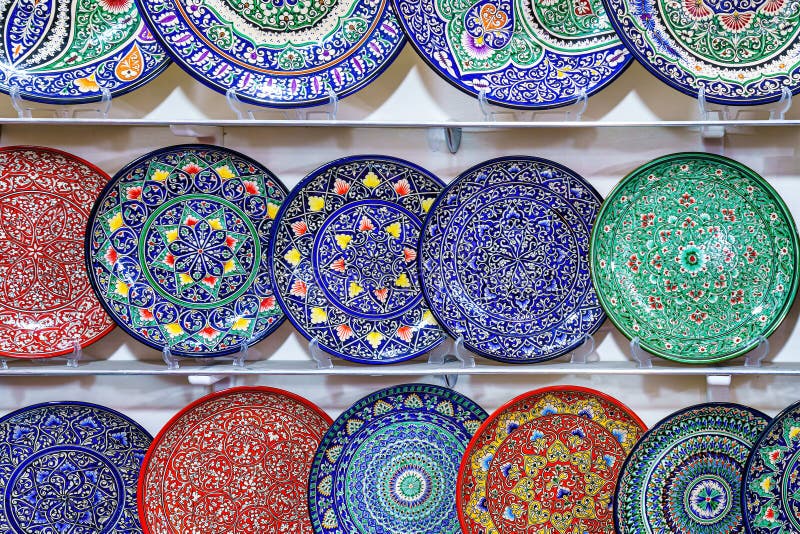 Arabic Painted Ceramic Plates on the Wall. Stock Image - Image of blue ...