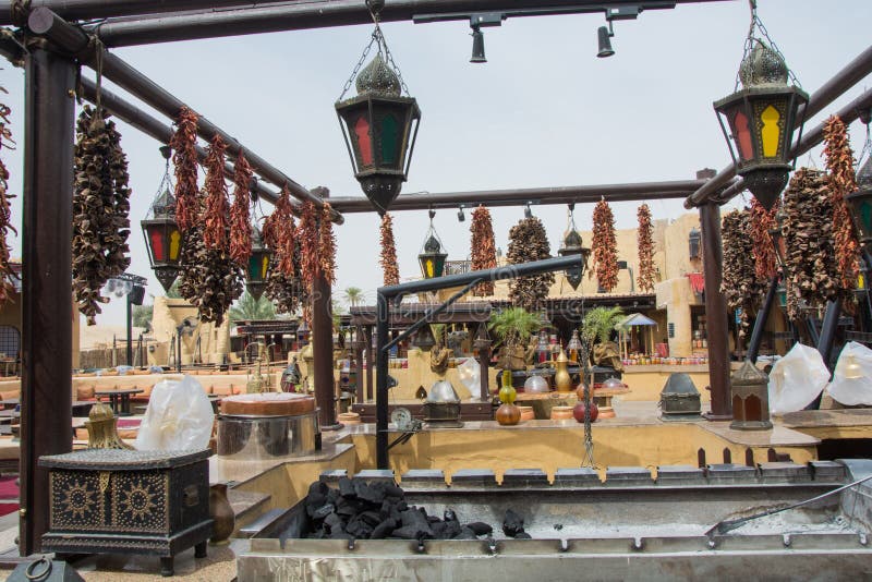 Arabic Outdoor Kitchen at Restaurant Decorated with Canned Food Stock ...