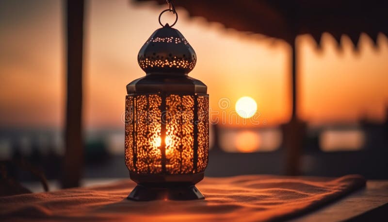 Arabic Style Lantern Glowing in the Dark Night Generated by AI Stock ...