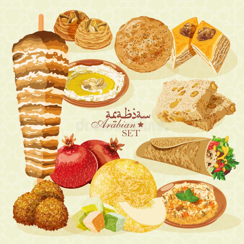 Arabisk Halalmat Med Bakverk Och Frukt Vektor Illustrationer ...
