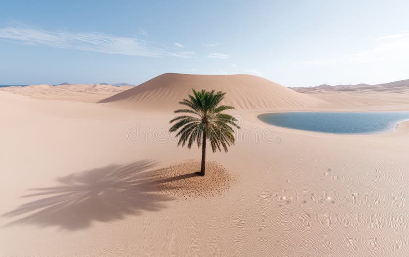 Arafed Palm Tree Stands Alone in a Desert beside a Small Oasis of Water ...