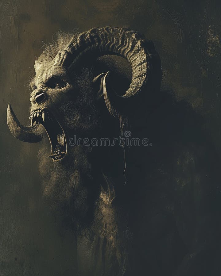 Arafed Ram with Large Horns and Sharp Sharp Teeth in a Dark Room Stock ...
