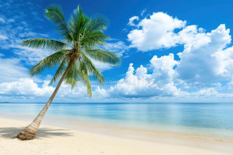 Arafly Palm Tree beside a Beach Under a Bright Blue Sky with Fluffy ...