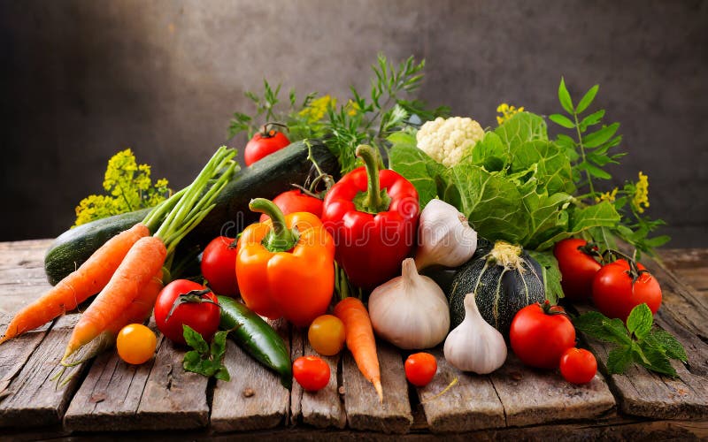 Various Vegetables on a Rustic Wooden Table Stock Illustration ...