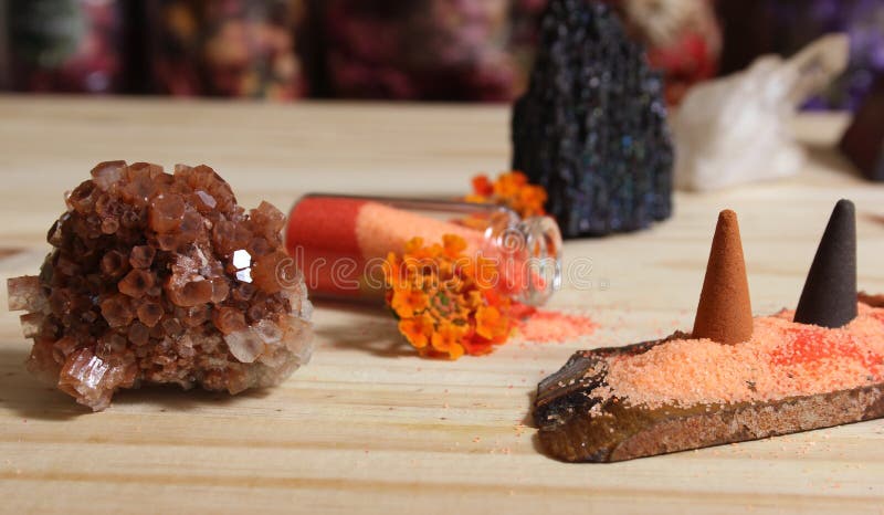Aragonite Crystal with Incense and Stone Pyramid on Meditation Altar ...
