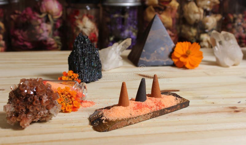 Aragonite Crystal with Incense and Stone Pyramid on Meditation Altar ...