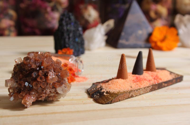 Aragonite Crystal with Incense and Stone Pyramid on Meditation Altar ...
