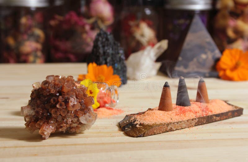 Aragonite Crystal with Incense and Stone Pyramid on Meditation Altar ...