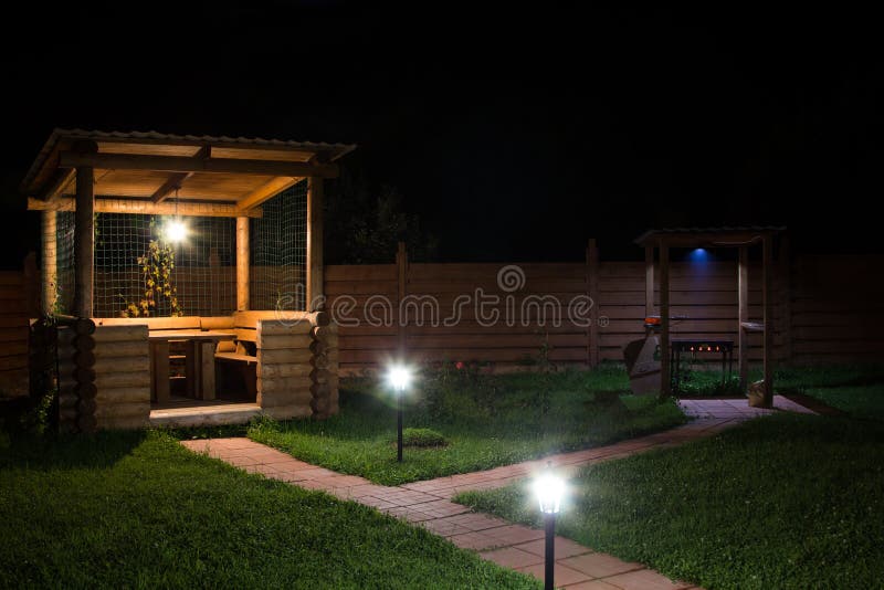 Backyard Garden Path at Night Stock Image - Image of landscape, light ...