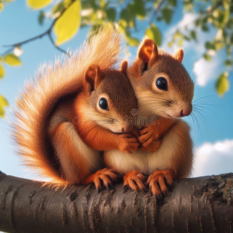 Arboreal Affection: Squirrels in a Gentle Embrace Stock Illustration ...
