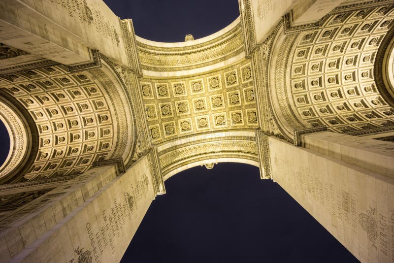 Arc De Triomphe Bottom View at Night Stock Image - Image of colorful ...