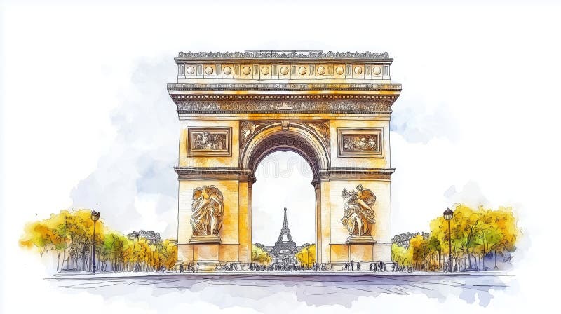 Arc De Triomphe. Arc De Triomphe Hand Drawn Watercolor Illustration ...