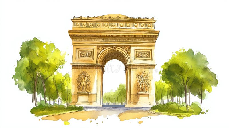 Arc De Triomphe. Arc De Triomphe Hand Drawn Watercolor Illustration ...