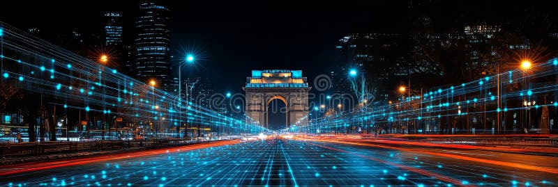 Arc De Triomphe in Paris at Night with Traffic Trails and Technology ...