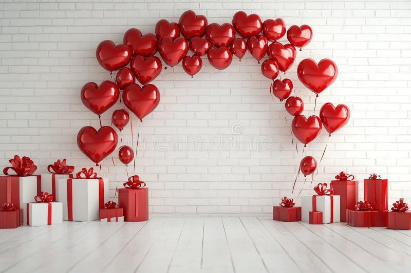 Arc of Red Heart Shaped Balloons and Gift Boxes on White Brick Wall ...