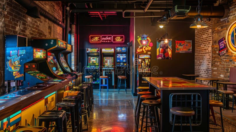 Arcade Bar with Multiple Machines and Stools Stock Photo - Image of ...