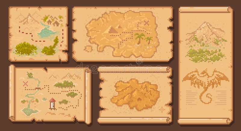 Arcade 8 Bit Pixel Game Pirate Treasure Maps Set Stock Vector ...