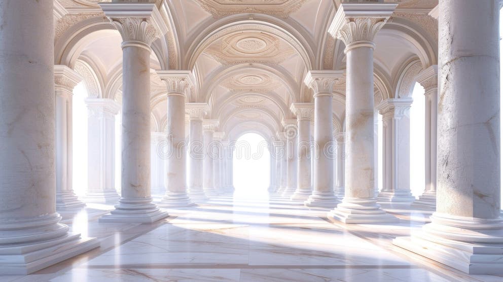 Arcade and a Corridor of White Columns. a Passage of Marble Columns ...