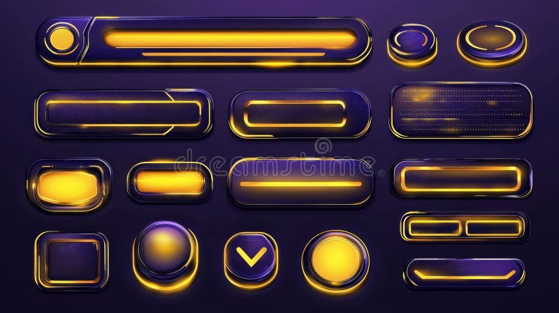 Arcade Game Interface Icons with Golden Buttons, Menu Controls, and ...