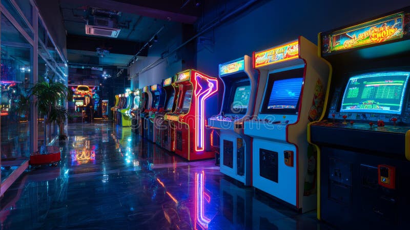 Arcade Game Machine with Neon Light in Dark Room Reflecting on Shiny ...