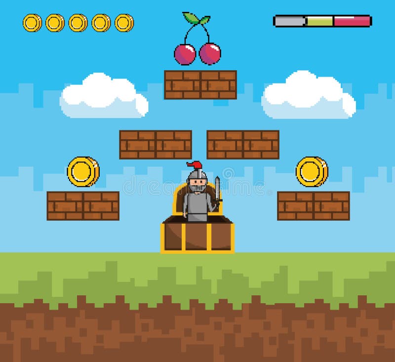 Arcade Game World and Pixel Scene Design Stock Vector - Illustration of ...