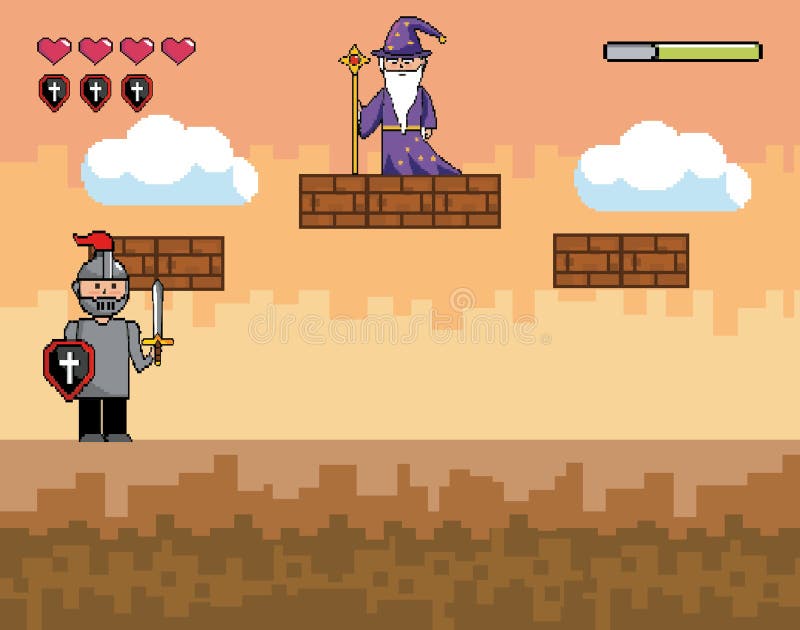 Arcade Game World and Pixel Scene Design Stock Vector - Illustration of ...