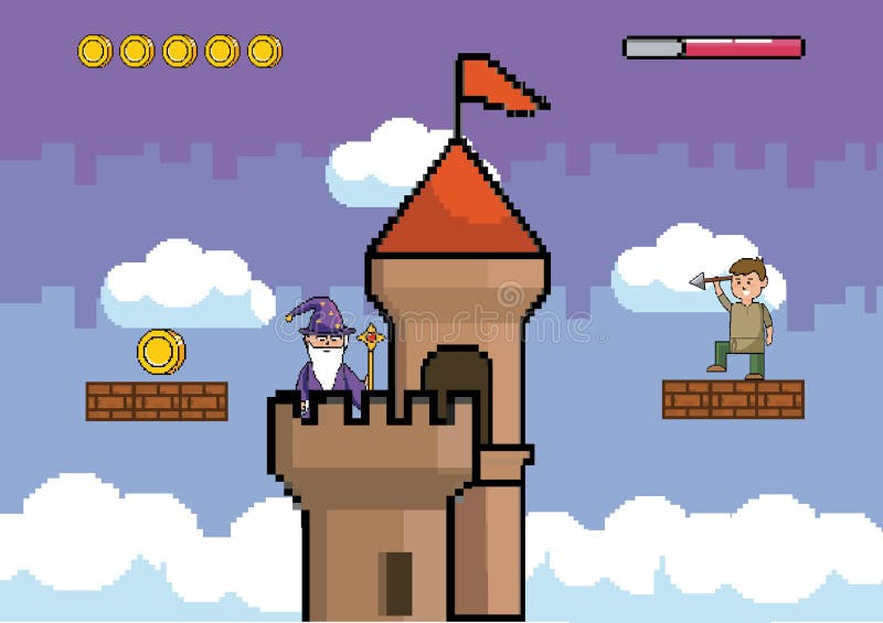 Arcade Game World and Pixel Scene Design Stock Vector - Illustration of ...