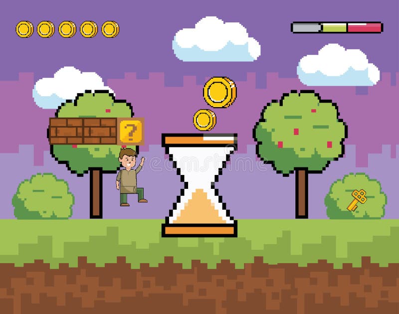 Arcade Game World and Pixel Scene Design Stock Vector - Illustration of ...