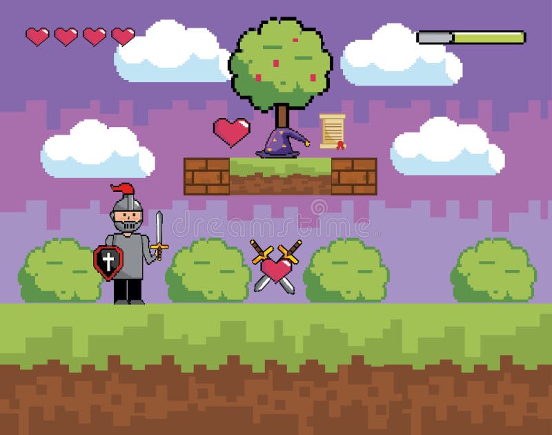 Arcade Game World and Pixel Scene Design Stock Vector - Illustration of ...