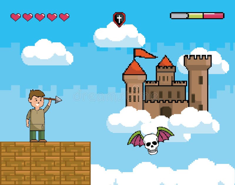 Arcade Game World and Pixel Scene Design Stock Vector - Illustration of ...