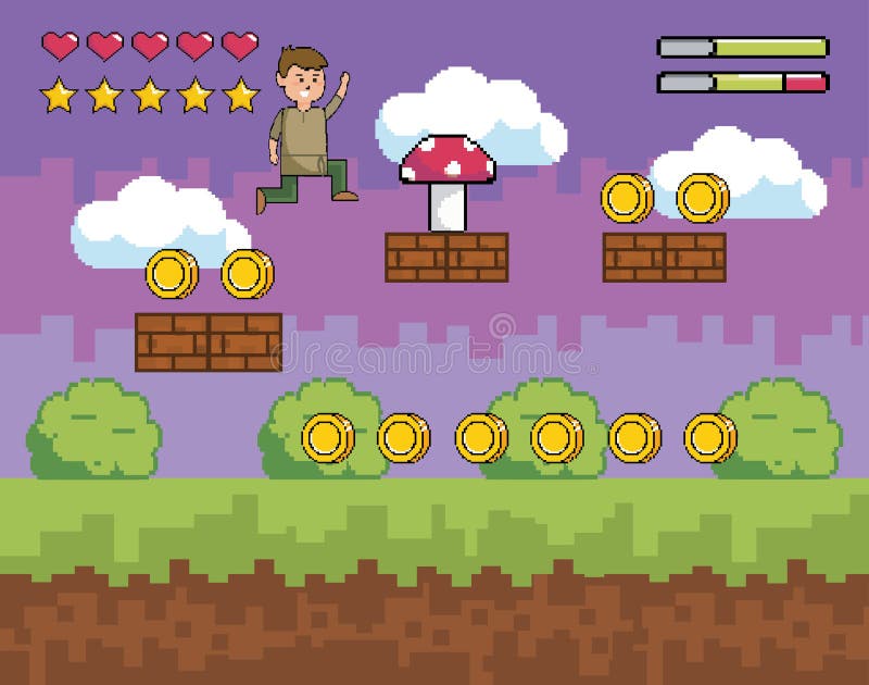 Arcade Game World and Pixel Scene Design Stock Vector - Illustration of ...