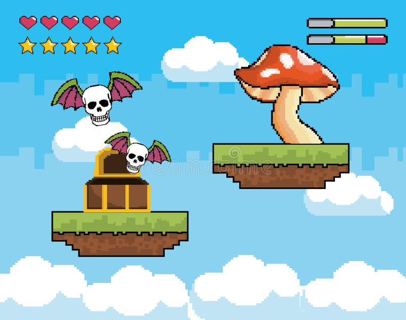 Arcade Game World and Pixel Scene Design Stock Vector - Illustration of ...