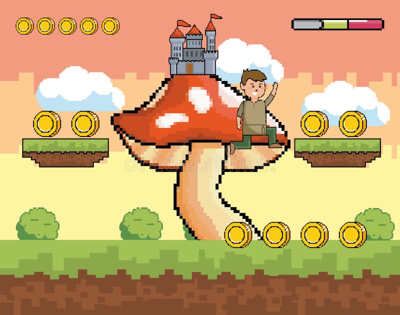 Arcade Game World and Pixel Scene Design Stock Vector - Illustration of ...