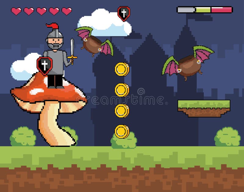 Arcade Game World and Pixel Scene Design Stock Vector - Illustration of ...