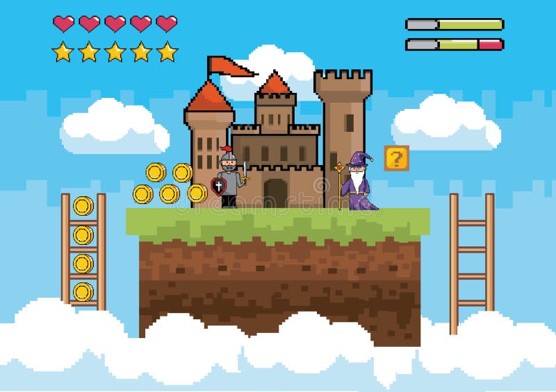 Arcade Game World and Pixel Scene Design Stock Vector - Illustration of ...