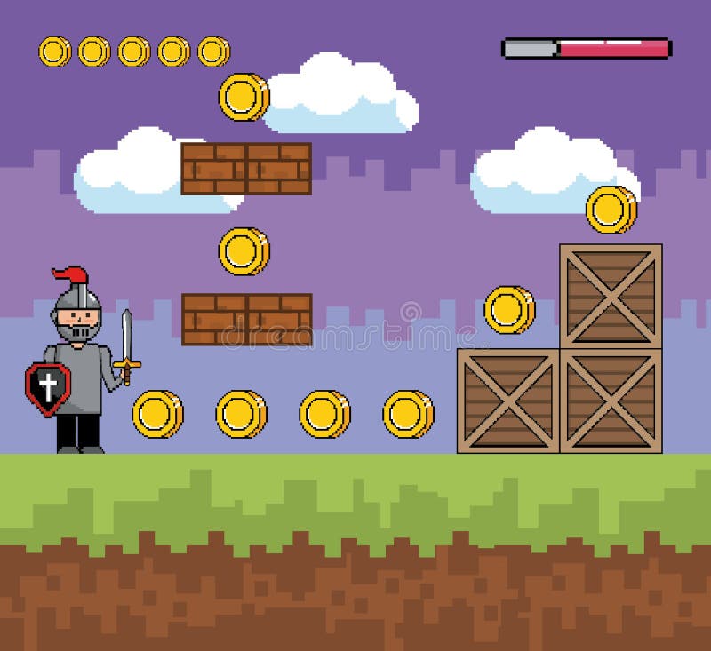 Arcade Game World and Pixel Scene Design Stock Vector - Illustration of ...