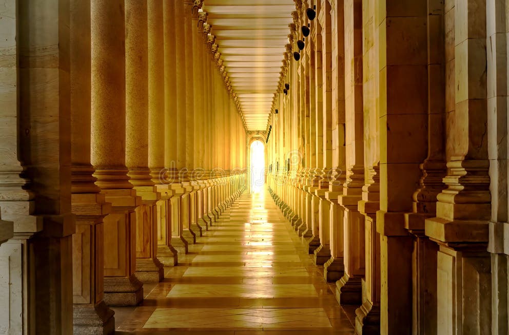 Arcade with Luminous Exit and Rays of Bright Orange Yellow Light Stock ...