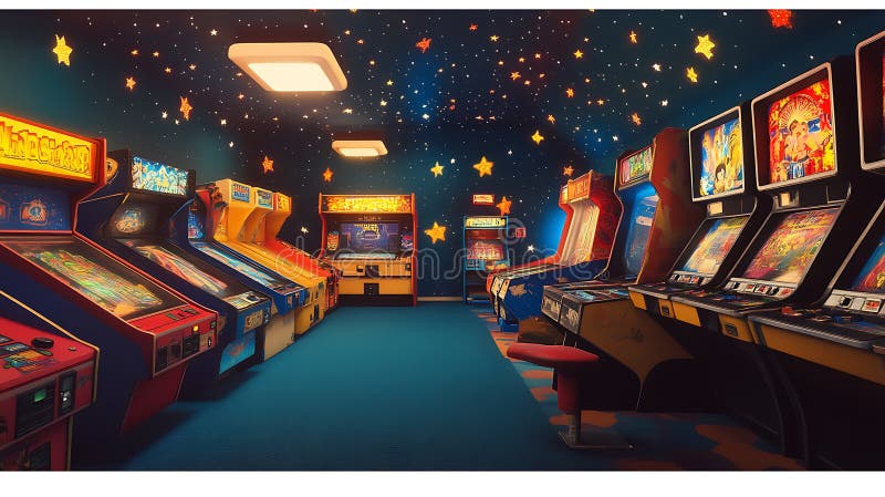 Arcade Room Decorated with Starry Night and Many Retro Game Machines ...