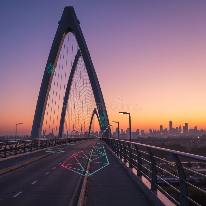 Arch Bridge with a Modern Design Spans a Road, Featuring Geometric ...