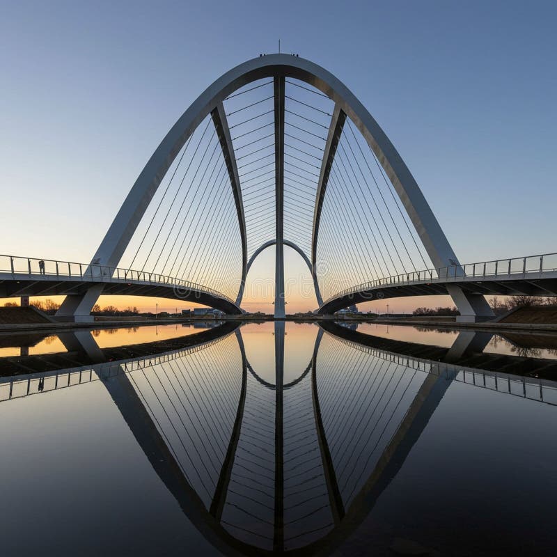 Arch Bridge with Sleek Design Spans a Calm Body of Water, Reflecting a ...