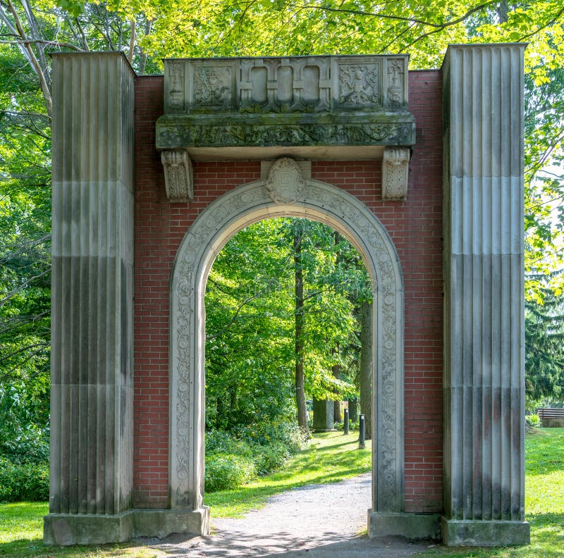 Arch Building Walkway in the Park, Columns, Greenery Background Stock ...