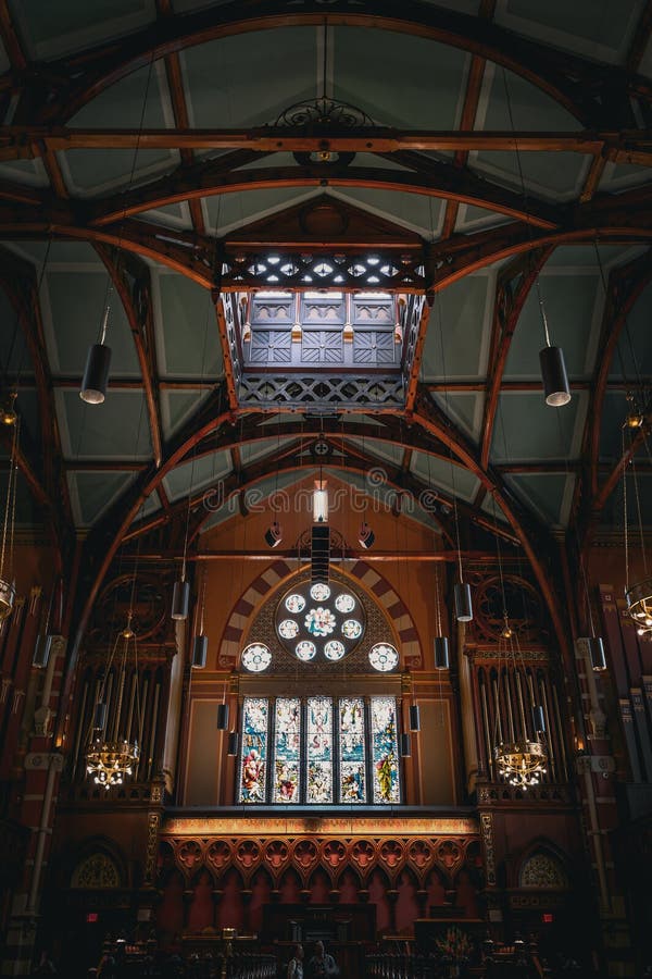 Arch Ceiling and Stained Glass Windows in Church Stock Image - Image of ...
