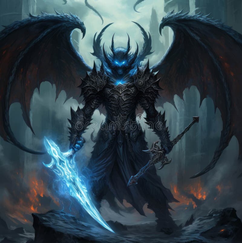Arch Devil with Armor and Piercing Blue Magic Sword Stock Illustration ...
