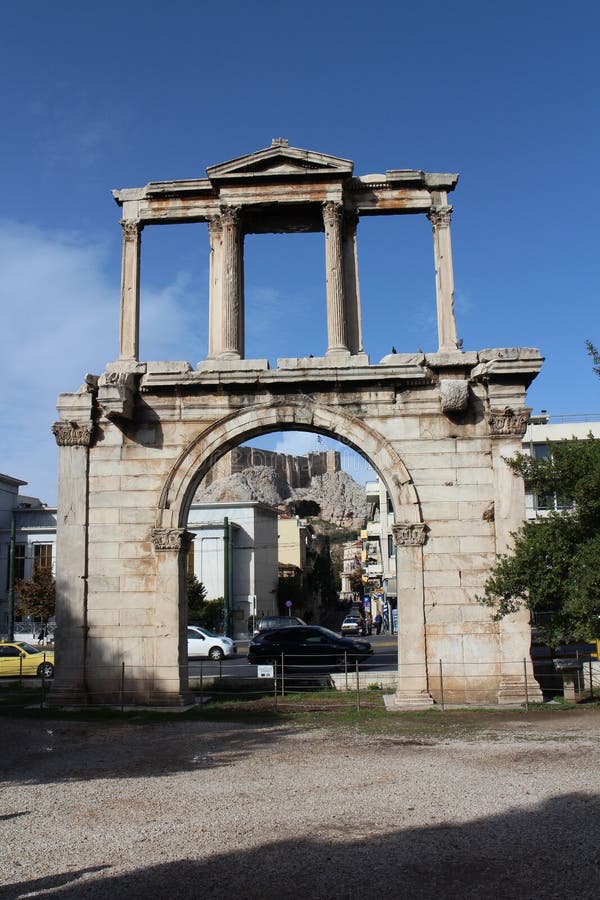 Arch of Hadrian with the Acropolis Seen in the Background, Athens Stock ...
