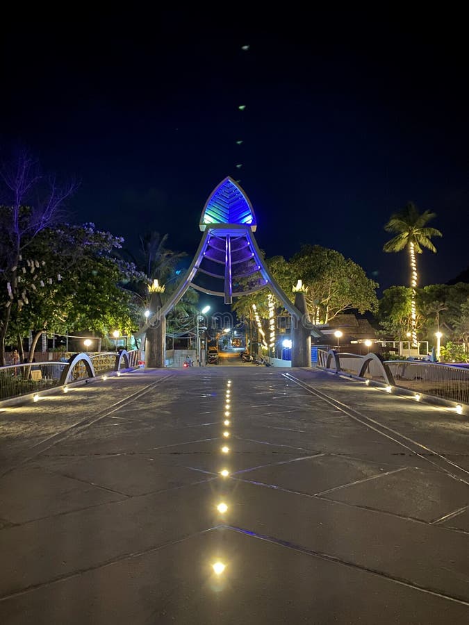 Arch Over the Bridge with Multicolored Lighting in Night Stock Photo ...