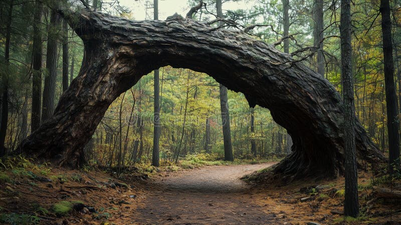 An Arch-shaped Tree Trunk Forms a Natural Gateway Over a Forest Path ...