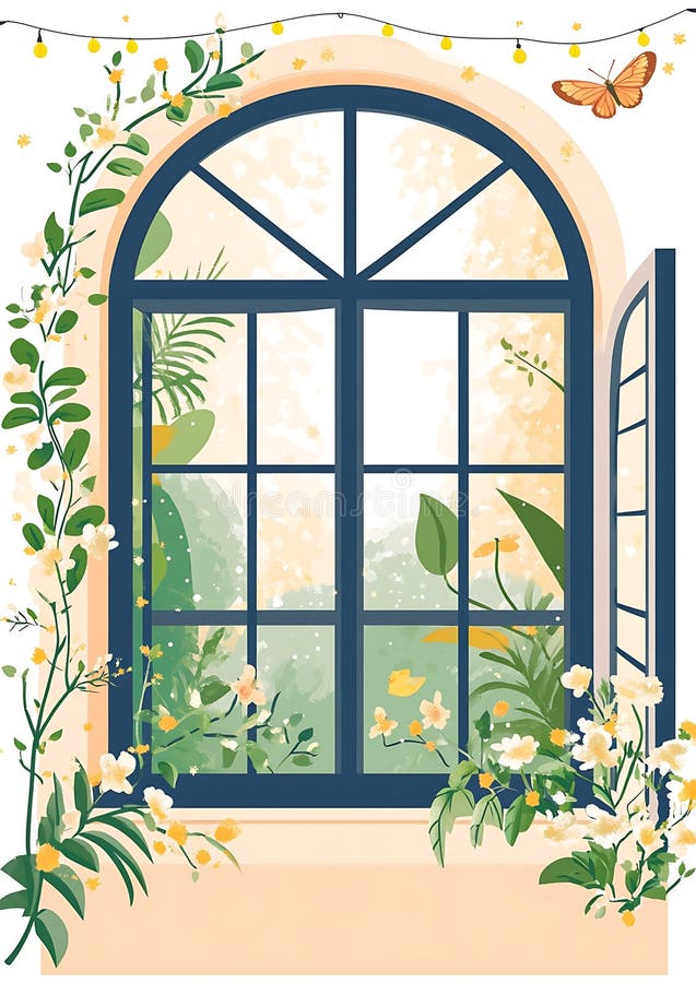 Arch-shaped Window with Black Frame, Partially Open, Surrounded by ...