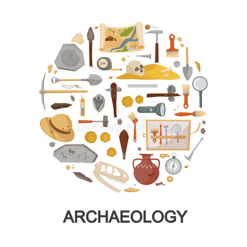 Archaeological Ancient Finds and Excavation Tools Set. Bones and Tools ...