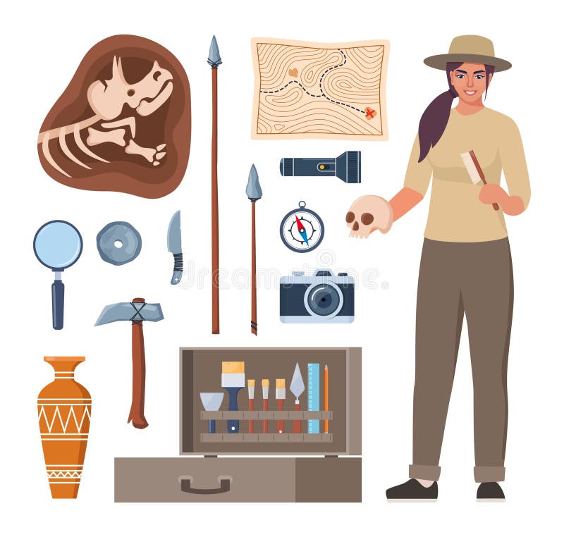 Archaeological Tools, Finds and Archaeologist Character. Brushes Instruments for Excavating ...