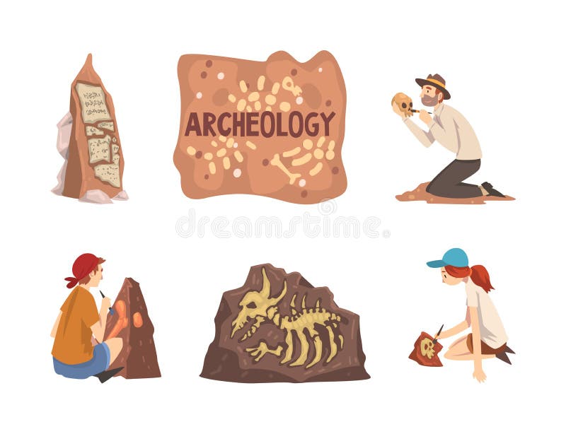 Archaeologists Exploring Paleontological and Historical Artifacts Set ...